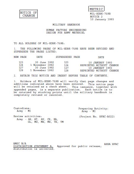 Military Handbook- Human Factors Engineering Design for Army Materiel ...