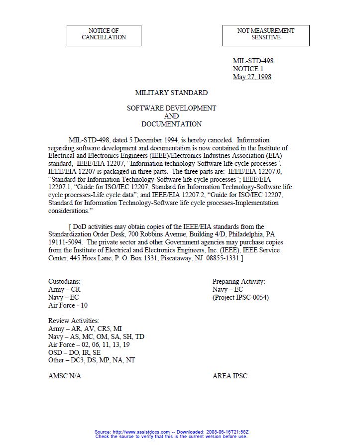 MIL STD- Software Development and Documentation (notice of cancellation ...