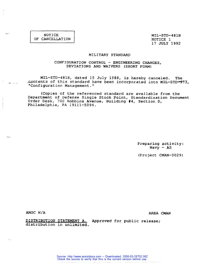 MIL STD- Configuration Control - Engineering Changes, Deviations and ...