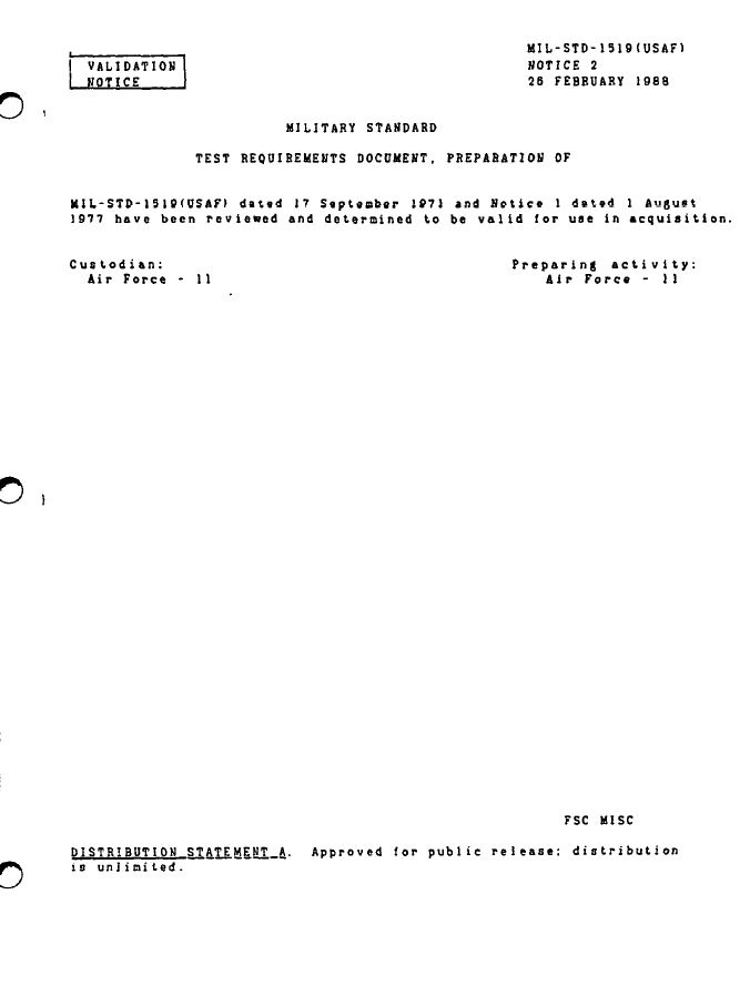 MIL STD- Test Requirements Document, Preparation of (validation notice ...