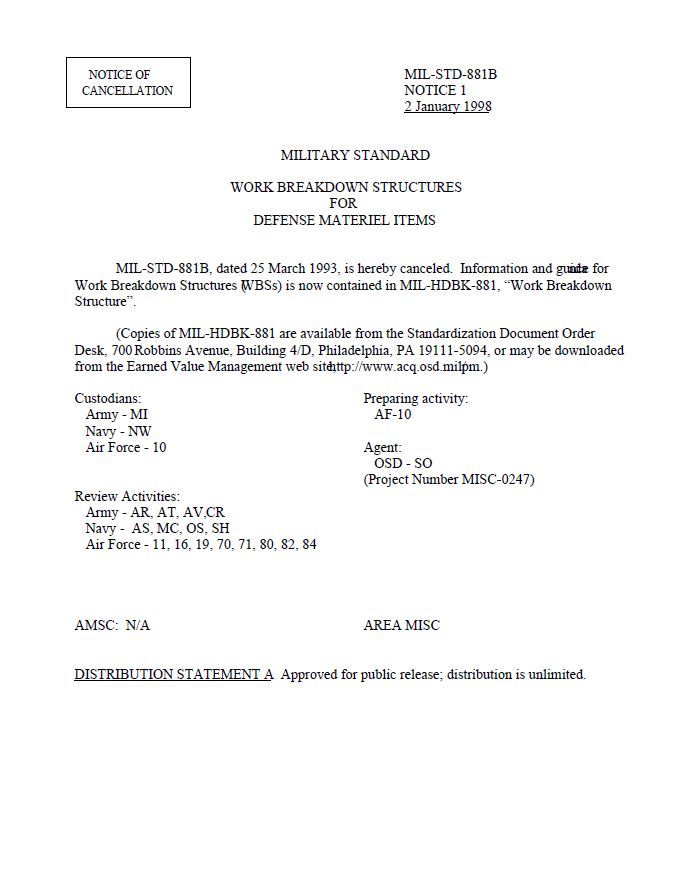 MIL STD- Work Breakdown Structures for Defense Materiel Items (notice ...