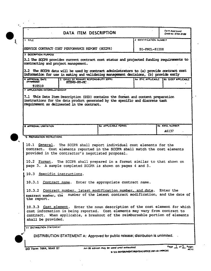 DID- Service Contract Cost Performance Report (SCCPR) | SE Goldmine