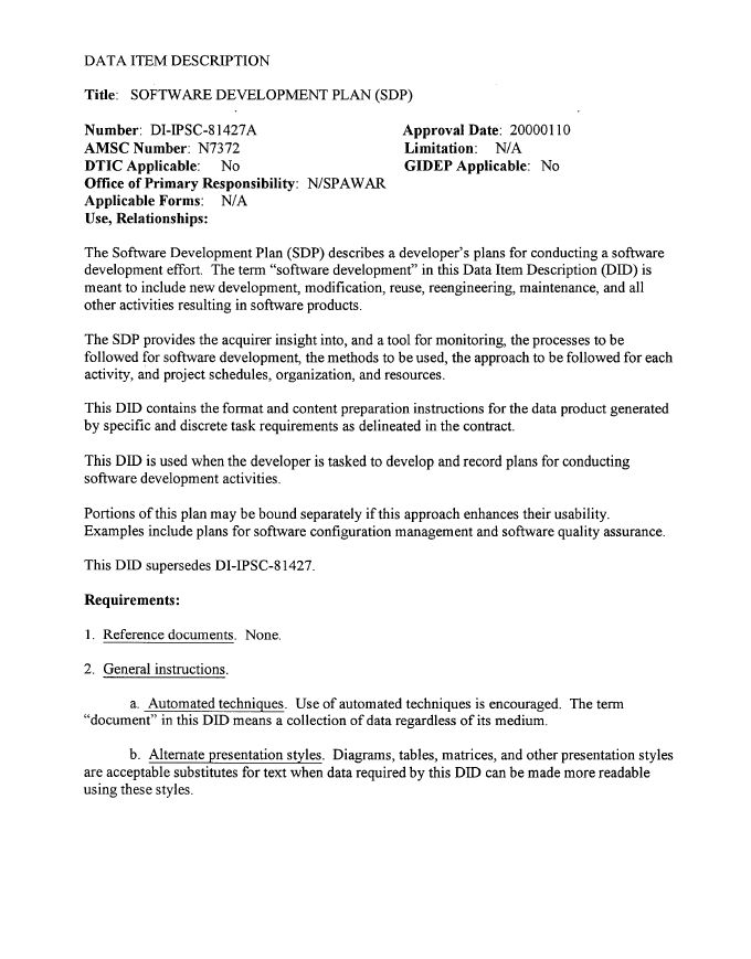 DID- Software Development Plan (SDP) | SE Goldmine