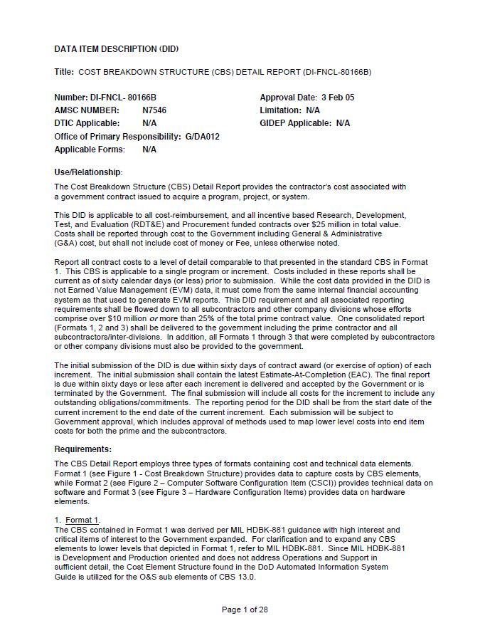 DID- Cost Breakdown Structure (CBS) Detail Report | SE Goldmine