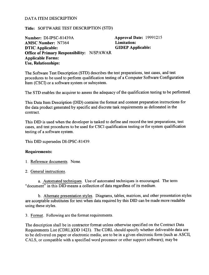 DID- Software Test Description (STD) | SE Goldmine