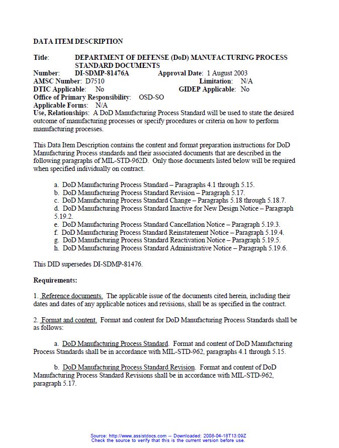 DID- Department of Defense (DoD) Manufacturing Process Standard ...