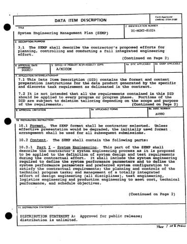 DID- System Engineering Management Plan (SEMP) | SE Goldmine