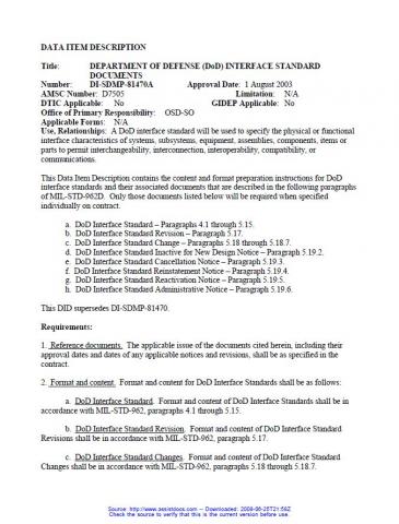 DID- Department of Defense (DoD) Interface Standard | SE Goldmine