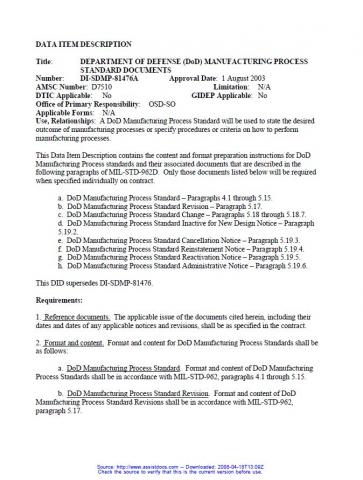 DID- Department of Defense (DoD) Manufacturing Process Standard ...